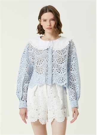 Maje Kadın Mavi Fistolu Dantelli Bluz Us