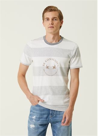 Brunello Cucinelli Erkek Gri Çizgi Desenli Slogan Detaylı T-shirt S EU