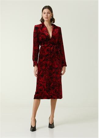 Dries Van Noten Kadın Kırmızı V Yaka Gül Desenli Midi Elbise 36 IT