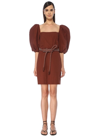 Johanna Ortiz Kadın Kiremit Kare Yaka Balon Kollu Mini Elbise Kırmızı 2 US