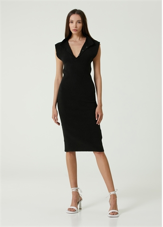 Jacquemus Kadın Siyah V Yaka Midi Keten Triko Elbise 38 FR Jacquemus Kadın Siyah V Yaka Midi Keten Triko Elbise 38 FR