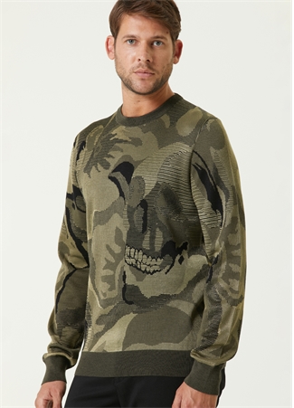 Alexander McQueen Erkek Haki Siyah Kurukafa Jakarlı Yün Kazak L EU Alexander McQueen Erkek Haki Siyah Kurukafa Jakarlı Yün Kazak L EU