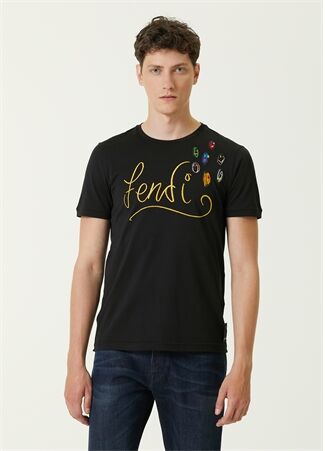 Fendi Erkek Siyah Logo Patchli T-shirt S EU
