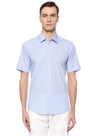 Pal Zileri Erkek Mavi İngiliz Yaka Çizgili Kısa Kol Gömlek Lacivert 39 IT