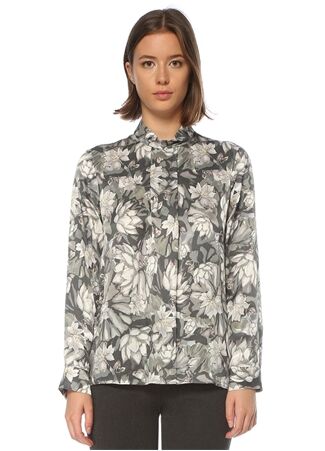 Beymen Collection Kadın Gri Dik Yaka Çiçekli Uzun Kol Saten Bluz 42