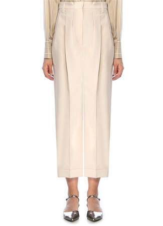 Brunello Cucinelli Kadın Ekru Yüksek Bel Pilili Yün Pantolon Bej 36 IT