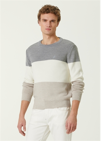 Beymen Club Erkek Colorblocked Kuş Logolu Yün Kazak Gri S