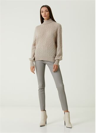 Kiton Kadın Gri Yüksek Bel Deri Pantolon 40 IT