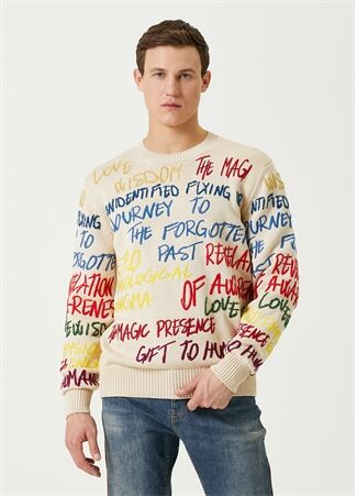 Etro Erkek Bej Bisiklet Yaka Yazı Nakışlı Kazak L EU