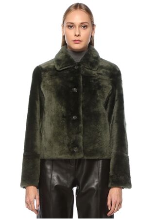 Yves Salomon Kadın Haki Polo Yaka Çift Taraflı Deri Ceket Yeşil 40 FR