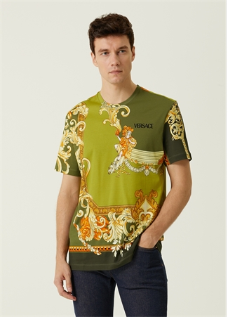 Versace Erkek Sarı Yeşil Barok Desenli Logolu T-shirt M EU Versace Erkek Sarı Yeşil Barok Desenli Logolu T-shirt M EU