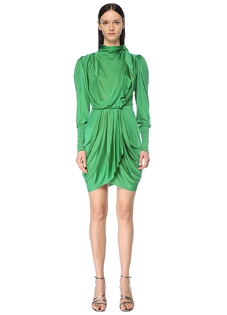 Isabel Marant Kadın Yeşil Dik Yaka Drapeli Mini Elbise 34 FR