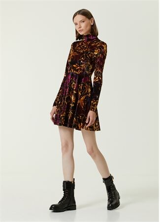 Versace Jeans Couture Kadın Mor Dik Yaka Desenli Mini Elbise 42 IT