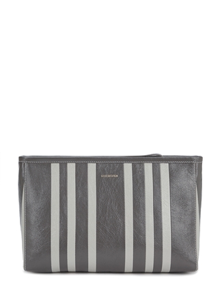 Balenciaga Kadın Gri Logolu Çizgili Deri El Portföyü EU