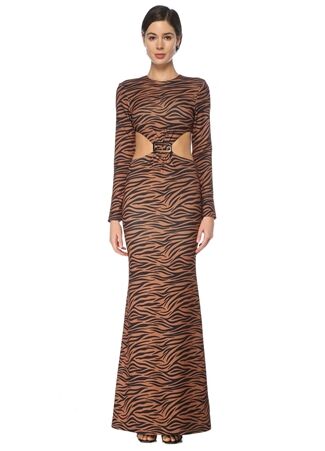 Mirela Cerica Kadın Kaplan Desenli Dekolteli Maksi Abiye Elbise Siyah 36 EU