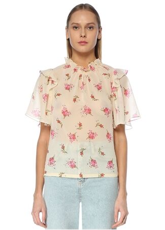 Maje Kadın Altın Rengi Dik Yaka Çiçekli Fırfırlı Bluz Beyaz 2 US