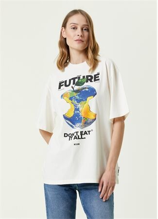 Msgm Kadın Beyaz Bisiklet Yaka Baskılı T-shirt S EU