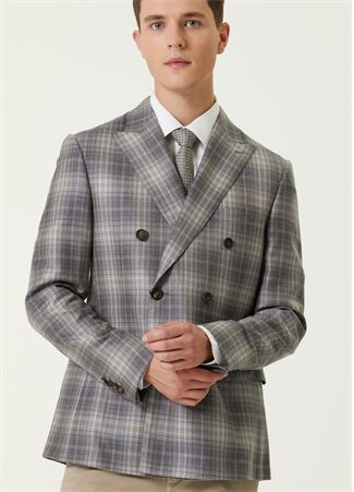 Pal Zileri Erkek Mavi Kırlangıç Yaka Kareli Yün Ceket Kahverengi 50 IT