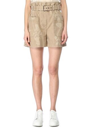 Brunello Cucinelli Kadın Bej Yüksek Bel Çiçek Desenli Kemerli Şort 42 IT