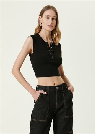 Academia Kadın Siyah Çıtçıtlı Kolsuz Kısa T-shirt S EU