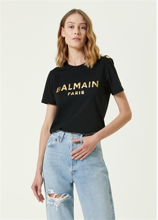 Balmain Kadın Siyah Gold Bisiklet Yaka Logolu T-shirt S EU