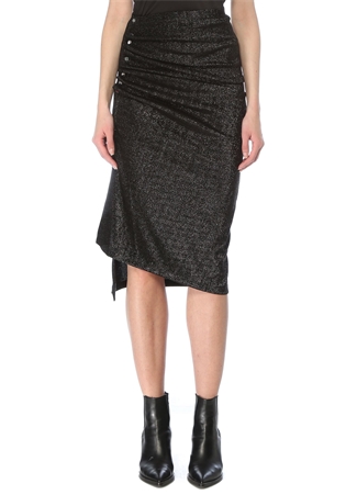 Paco Rabanne Kadın Siyah Simli Asimetrik Drapeli Midi Etek 38 IT