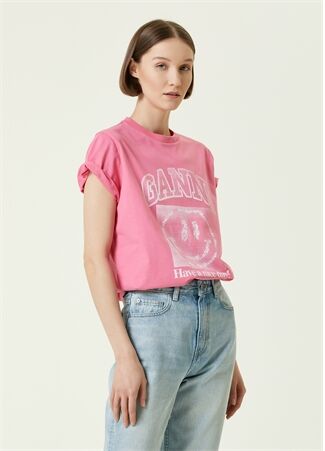 Ganni Kadın Pembe Logo Baskılı Organik Pamuk T-shirt S EU