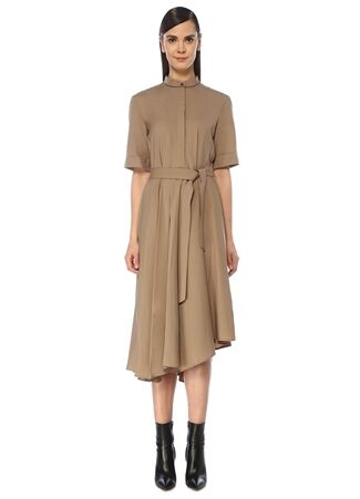 Brunello Cucinelli Kadın Bej Hakim Yaka Asimetrik Midi Yün Elbise XXS IT