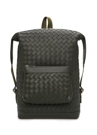 Bottega Veneta Erkek Haki Örgü Dokulu Deri Sırt Çantası Yeşil EU