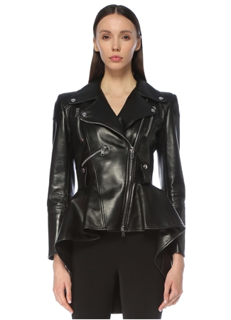 Alexander McQueen Kadın Siyah Volan Detaylı Deri Ceket 40 IT Alexander McQueen Kadın Siyah Volan Detaylı Deri Ceket 40 IT