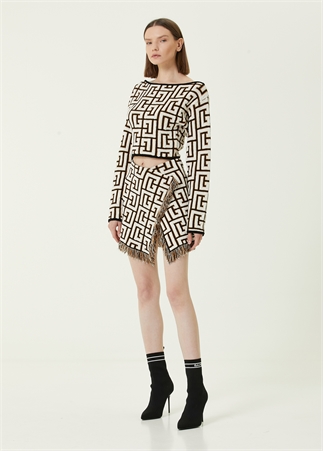 Balmain Kadın Ekru Siyah Jakarlı Püsküllü Mini Etek 36 FR Balmain Kadın Ekru Siyah Jakarlı Püsküllü Mini Etek 36 FR