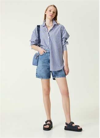 Beymen Club Kadın Mavi Yüksek Bel Jean Şort 25