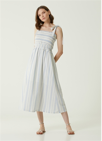 Lost+Wander Kadın Mavi Beyaz Kare Yaka Çizgili Midi Elbise S EU Lost+Wander Kadın Mavi Beyaz Kare Yaka Çizgili Midi Elbise S EU