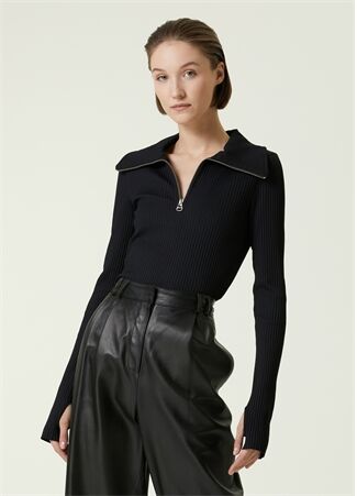Helmut Lang Kadın Siyah Yakası Fermuarlı Ribli Bluz XS EU