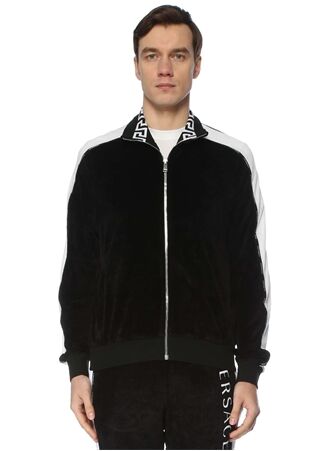Versace Erkek Siyah Dik Yaka Fermuarlı Kadife Sweatshirt L EU