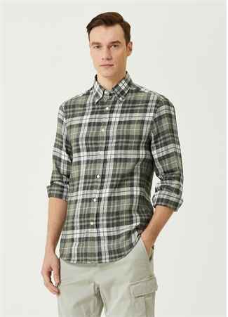 Brunello Cucinelli Erkek Haki Ekoseli Keten Gömlek M EU