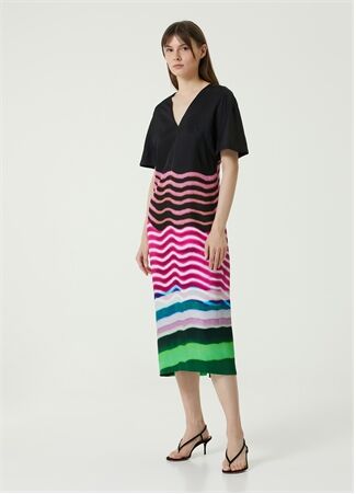 Dries Van Noten Kadın V Yaka Çizgili Kısa Kol Midi Elbise Pembe 42 FR