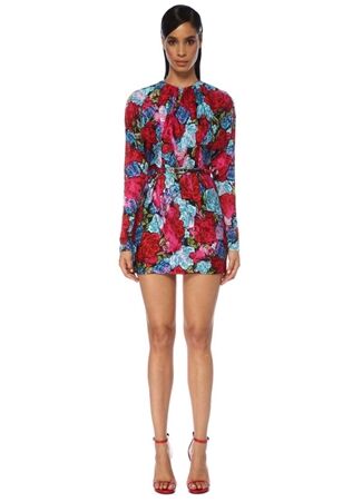 Versace Kadın Çiçekli Kemer Detaylı Uzun Kol Mini Elbise 40 IT