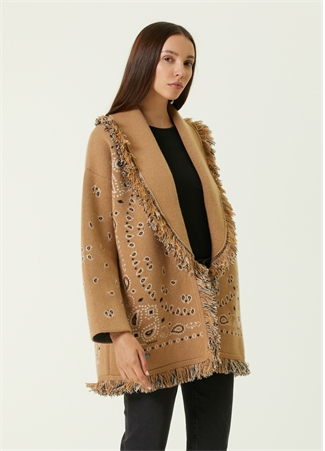 Alanui Kadın Kamel Şal Yaka Etnik Desen Jakarlı Kaşmir Hırka Kahverengi XS EU Alanui Kadın Kamel Şal Yaka Etnik Desen Jakarlı Kaşmir Hırka Kahverengi XS EU