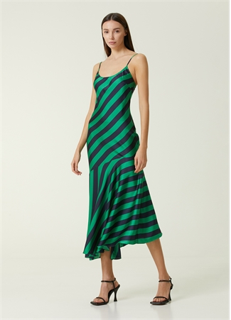Staud Kadın Yeşil Siyah Çizgi Desenli Midi Elbise S EU