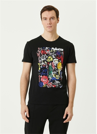 Alexander McQueen Erkek Siyah Figür Desenli Logolu T-shirt Beyaz M EU Alexander McQueen Erkek Siyah Figür Desenli Logolu T-shirt Beyaz M EU