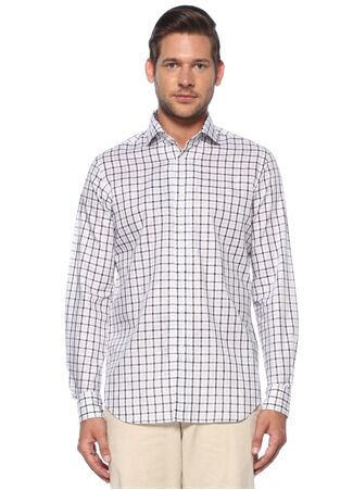 Pal Zileri Erkek Kahverengi Beyaz Modern Yaka Kareli Keten Gömlek 42 IT