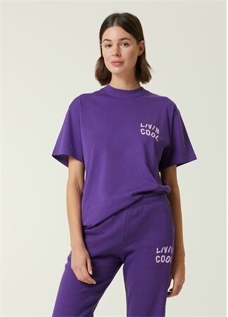 Livincool Kadın Mor Bisiklet Yaka Logolu T-shirt XS EU