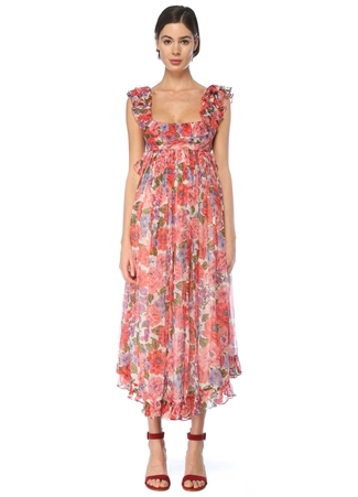 Zimmermann Kadın Poppy Pembe Kare Yaka Çiçekli Midi İpek Elbise 2 US