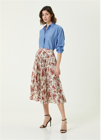 Beymen Collection Kadın Çiçekli Pilili Midi Saten Twill Etek Bordo 42 EU