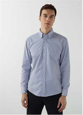 Network Erkek Slim Fit Mavi Düğmeli Yaka Çizgili Gömlek Lacivert 38 EU