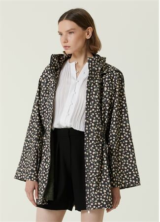 Faraway Kadın Siyah Kapüşonlu Çiçekli Mont EU