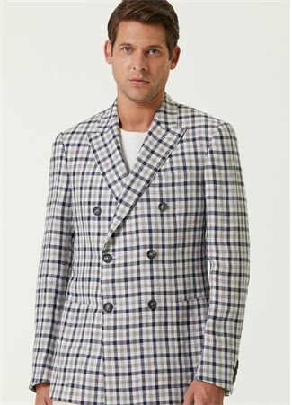 Pal Zileri Erkek Mavi Kırlangıç Yaka Kareli Keten Ceket 50 IT