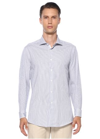 Pal Zileri Erkek Beyaz Mavi Modern Yaka Kareli Gömlek 4 IT