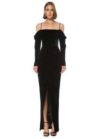 Rasario Kadın Siyah Düşük Omuzlu Maksi Kadife Abiye Elbise 38 FR